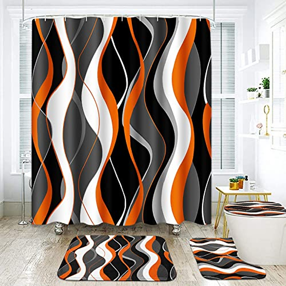 Geometric Orange Bathroom Sets with Shower Curtain and Rugs and Accessories, Black and Gray Shower Curtain Sets, Modern Orange Shower Curtains for Bathroom,Orange Bathroom Decor 4 Pcs