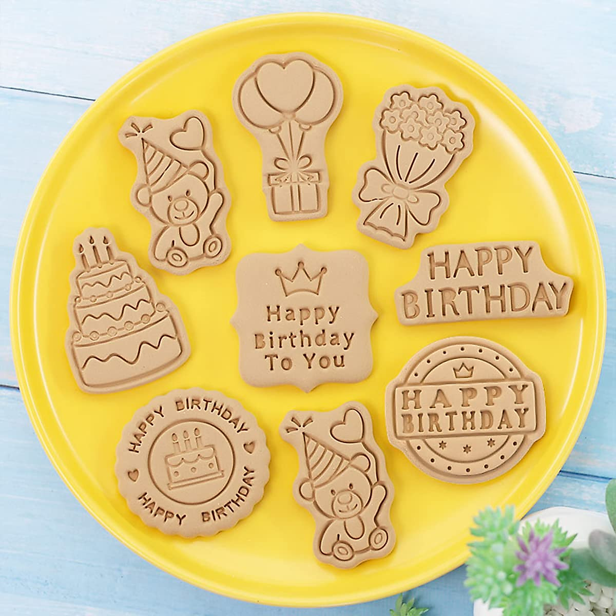 Pink PP Material Birthday Cookie Cutters, 8 Pcs Theme Set Embossing Dies and Plunger Dies for Fondant Cookies Pastry Cheese Baking(Birthday)