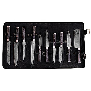 G49- Professional Kitchen Knives Custom Made Damascus Steel pcs of Utility Kitchen Knife Set Round Wood Handle with Pocket Case Chef Knife Roll Bag (10, Black)