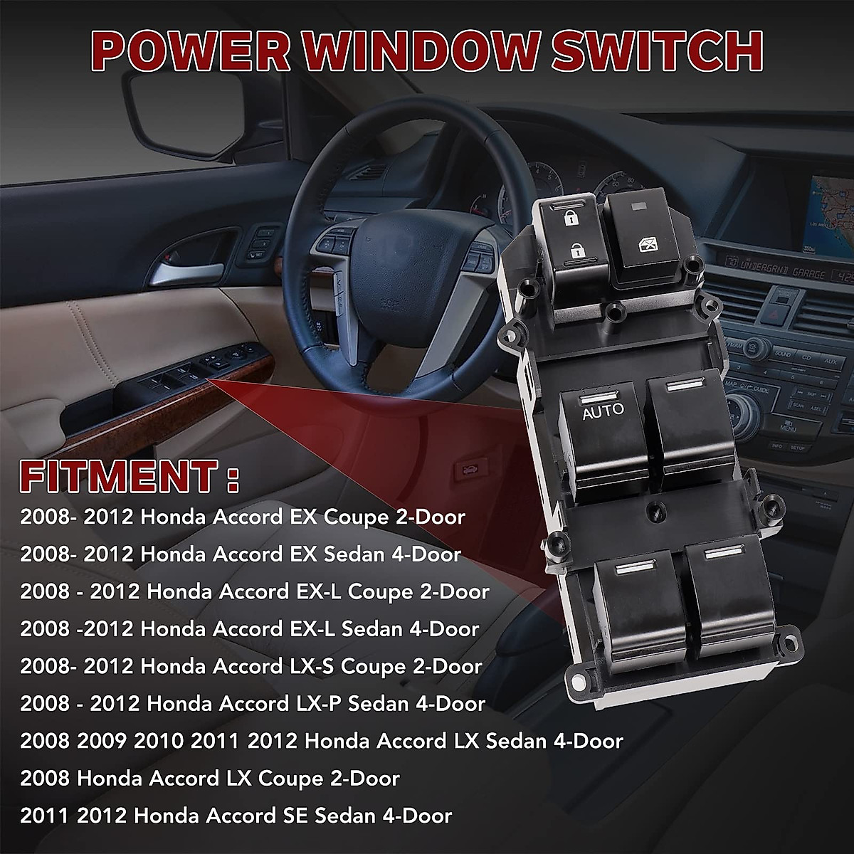 35750-TB0-H01 Driver Side Master Power Window Switch Replacement for Honda Accord 2008 2009 2010 2011 2012, Replace# 35750-TBD-H13, 35750-TA0-A02