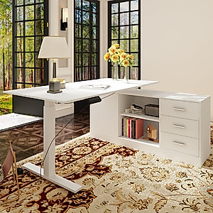 Homsee Home Office L Shaped Electric Standing Desk with Drawers and Shelves, Height Adjustable & Shape Reversible Stand up Desk, 63" Computer Desk Executive Corner Desk, White
