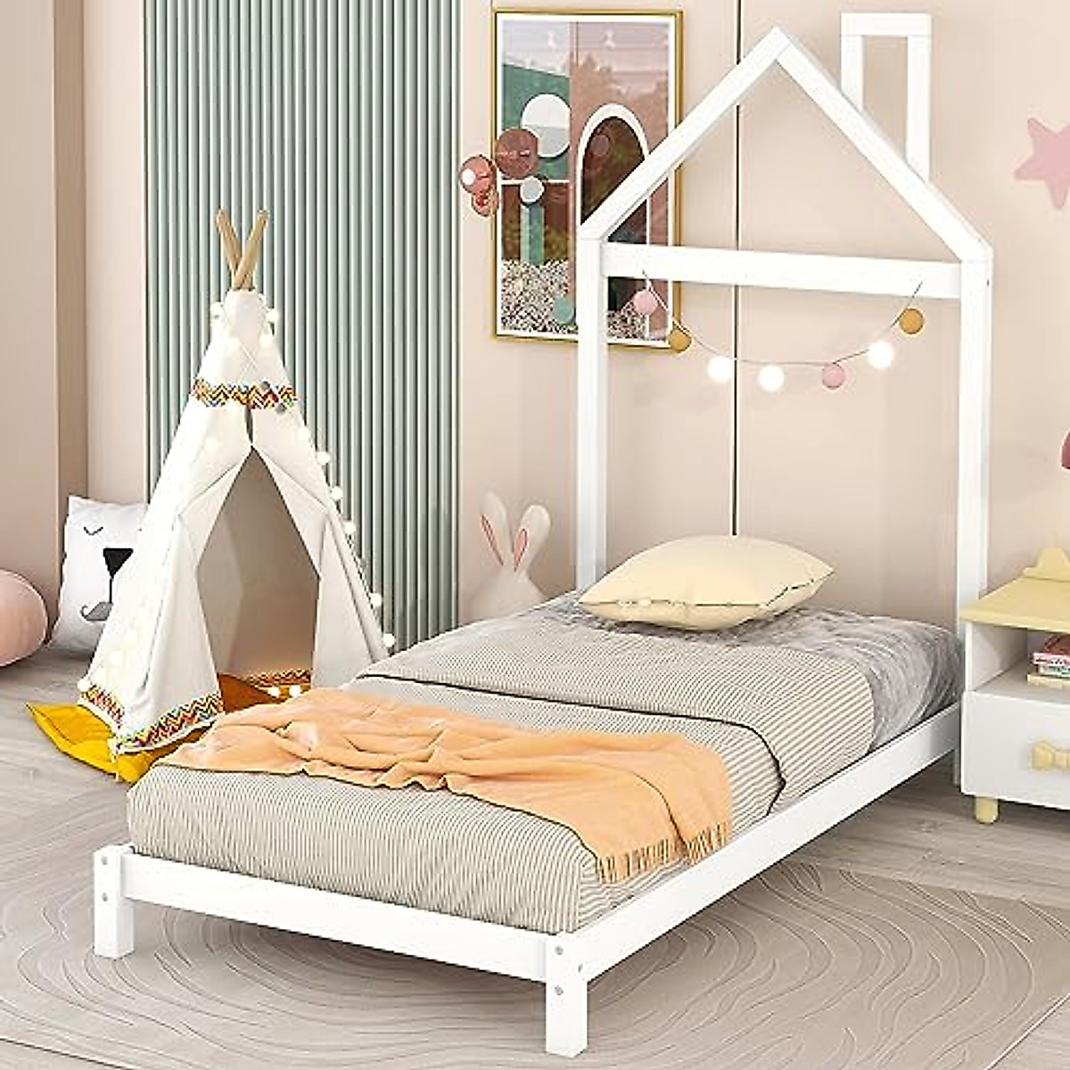 Twin Bed Frame/Kids Bed Frames with Headboard and Slats, Wood Platform Bed with House Shaped Headboard, Twin Size Bed for Kids, Boys, Girls, No Box Spring Needed(White)