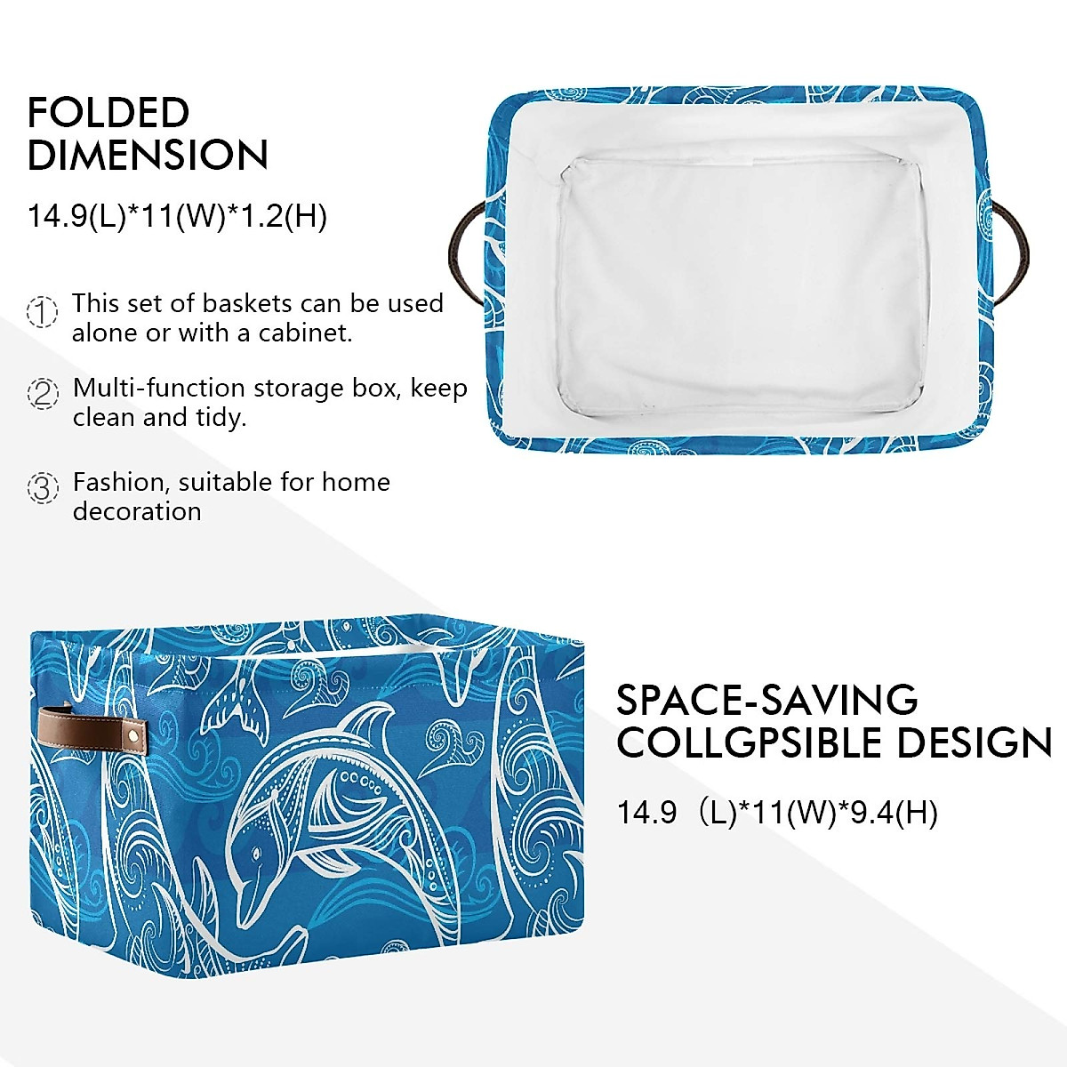 susiyo Large Foldable Storage Bin Dolphins Fabric Storage Baskets Collapsible Decorative Baskets Organizing Basket Bin with PU Handles for Shelves Home Closet Bedroom Living Room-2Pack