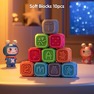 TUMAMA Baby Blocks,Soft Baby Building Blocks for Toddlers,Chewing Toys Educational Baby Bath Toys Play with Numbers, Shapes, Animals,Letters for 0-3 Years