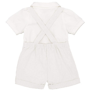 Baby Boys Formal Suit Gentleman Bowtie + Summer Short Sleeve Romper + Suspenders Shorts Button Bib Pants Wedding Tuxedo Outfits 1st/2nd Birthday Cake Smash Christening Clothes 3pcs Set White 0-6M