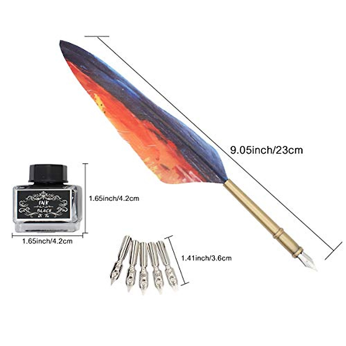 Ranvi Feather Quill Pen Set, Antique Calligraphy Pen Set (with 5 Replacement Nibs), 1 Ink and 1 Gift Box(Starry Sky)