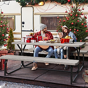 YITAHOME Picnic Table 6ft Heavy Duty Outdoor Picnic Table and Bench Resin Tabletop & Stable Steel Frame w/Umbrella Hole for Yard Patio Lawn Party Light Brown