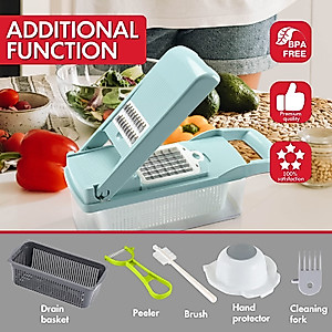 Ourokhome Vegetable Dicer Mandolin Slicer - 7 Blades Handy Onion Chopper Shredder with Egg Separator and Colander Strainer for Kitchen Multiple Uses (Blue)