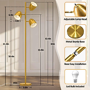 CNXIN Tree Floor Lamp with 3 Light Bulbs Standing Tall Pole Lamps with Adjustable Metal Heads 65"Reading Stand up Lamps with E26 Base Modern Floor Lamps for Living Rooms, Bedrooms, Home, Office(Gold)