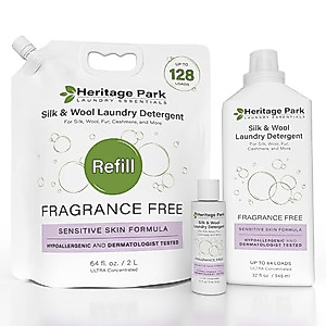 Heritage Park Silk & Wool Fragrance Free, Hypoallergenic, pH-Neutral Laundry Detergent - Dermatologist-tested, Sensitive Skin-Friendly, Enzyme-Free, Ultra Concentrated (64 fl oz Refill)