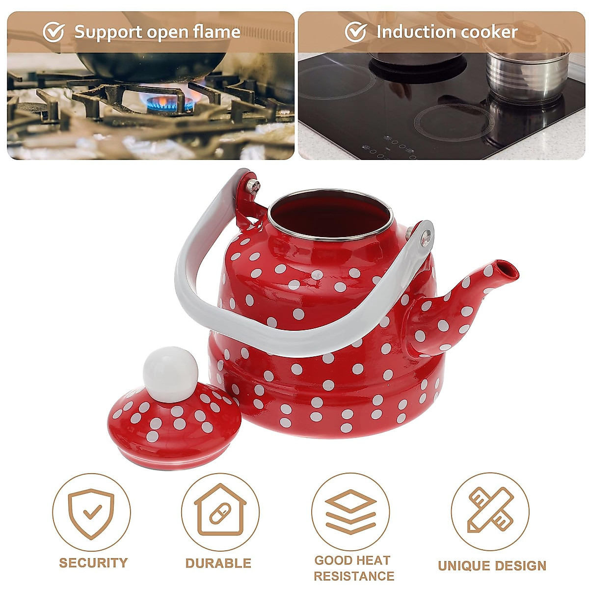 Cabilock 1.1Quart Enamel Tea Kettle Tea Pot: Red Teapot Stovetop Porcelain Teapot Kettle Red Tea Kettle for Stove Top with Handle for Stovetop Hot Water Boiler