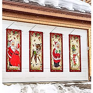 Large set of 4 Vintage Christmas Decorations Santa Claus Stretching Portraits Outdoor Vinyl Christmas Decoration, Vintage Christmas Backdrop Poster for New Year Indoor Outside Front Garage Door