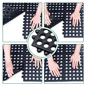Rubber Floor Mats Anti Fatigue Kitchen Mats 9 Pack 11.8" x 11.8" Modular Rubber Interlocking Floor Tiles, Drain Pool Balcony Patio Yard Pet Area Use Restaurant Bar Floor Mat Black