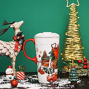 Coffee Ceramic Mug Xmas Mug Porcelain Latte Tea Cup With Lid in Box 17oz.,Christmas Truck Mug