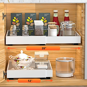 DEKAVA 2 Pack Pull Out Cabinet Organizer Expandable, Adhesive with Nano Film, Pull Out Drawers for Cabinets in Kitchen, Pantry or Bathroom (White, 21")