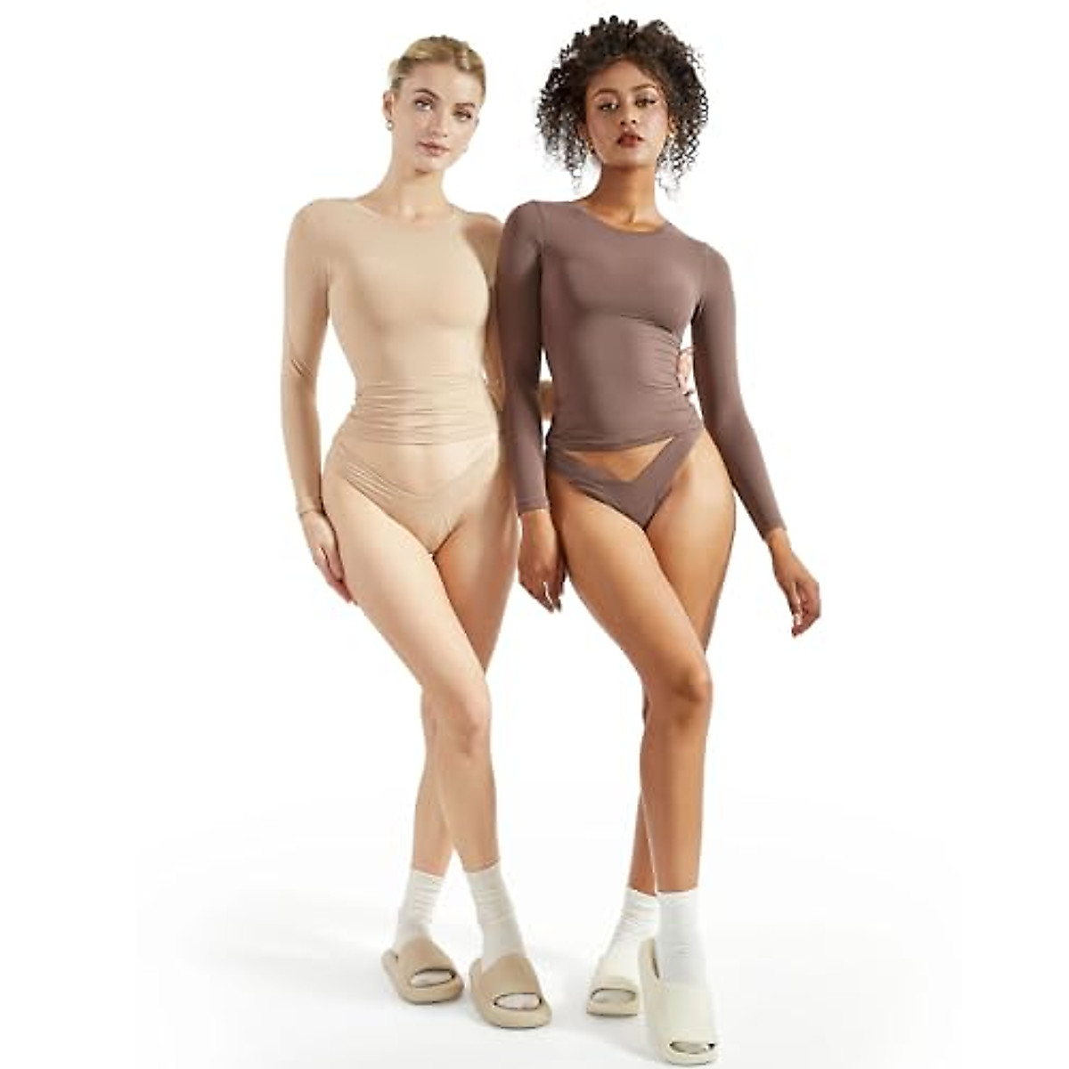 SUUKSESS Women Double Lined Fitted Basic Tee Shirts Crew Neck Long Sleeve Going Out Crop Tops (Champagne, XS)