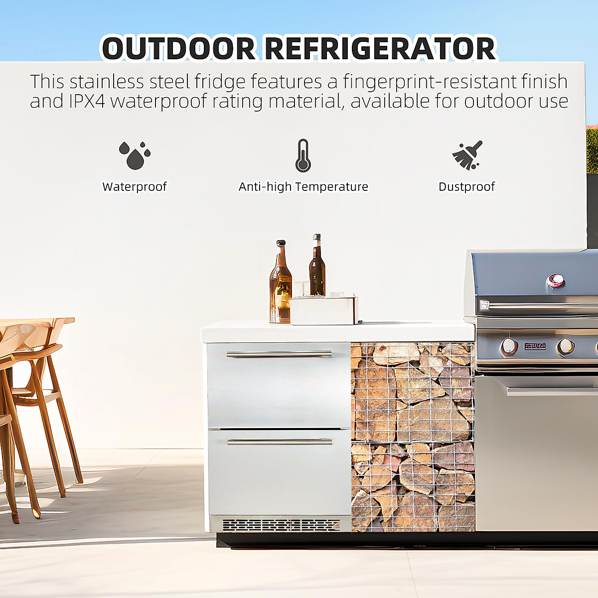 Garvee 24 inch wide drawer refrigerator, built-in wine, and beverage refrigerator under the counter, weatherproof, Anti-fingerprint, indoor and outdoor refrigerators, all-stainless steel cooler