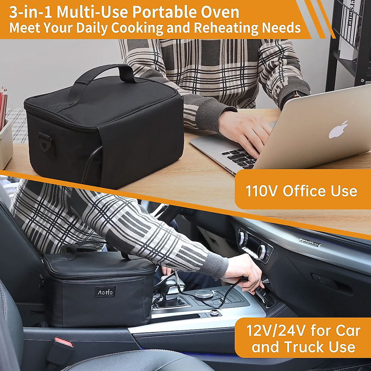 Aotto Portable Oven Food Warmer Lunch Box, 110V Personal Mini Portable Microwave and 3-in-1 Car Food Warmer Bundle (Grey and Black)