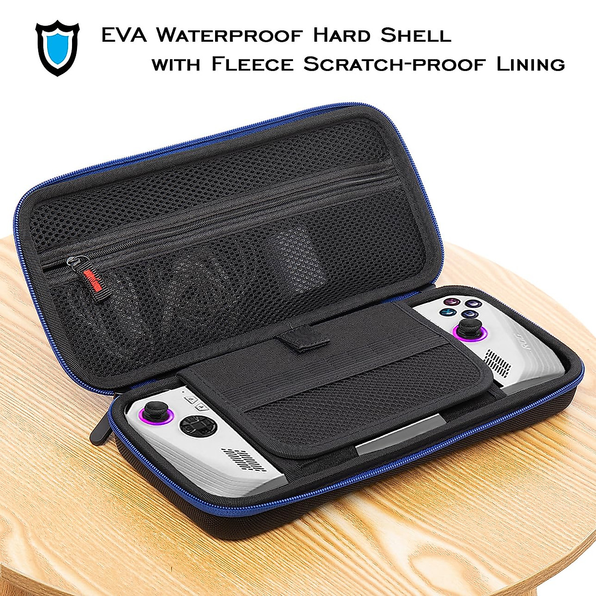 ADVcer Rog Ally Handheld Case, Waterproof EVA Hard Shell Flannel Soft Inner Protective Travel Case with Internal Transformable Game Console Stand, Double Zipper, Carrying Handle for Rog Ally 7" (Blue)
