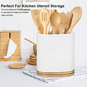 Ceramic Utensil Holder- Large Kitchen Utensil Holder with Bamboo Wooden Base- Utensil Crock for Countertop- White Ceramic Cooking Utensil Organizer for Kitchen Counter Decor, Farmhouse, Spatula
