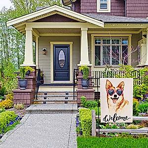 Ogiselestyle Welcome Corgi with Heart Shape Sunglasses Garden Flag Small Vertical Double Sided Decorative House Yard Décor Flag for Outdoor Decoration 12x18 inch