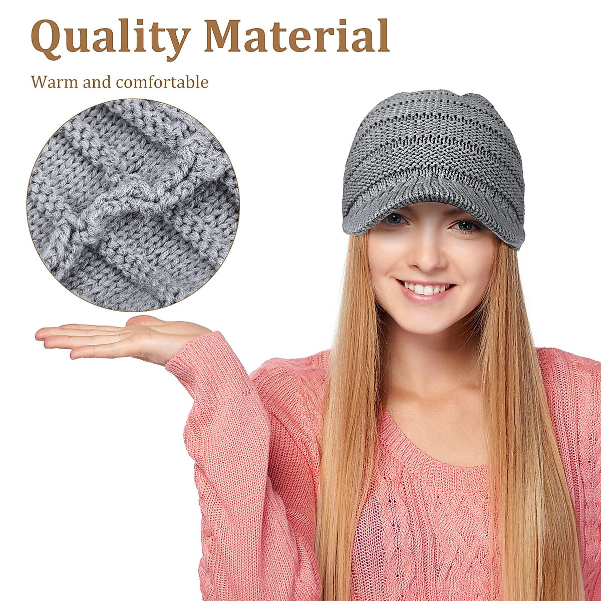 JaGely 2 Sets Winter Hats Gloves for Women Knit Beanie Slouchy Winter Brim Hat Women Touchscreen Glove Winter Beanie with Brim (Black, Gray)