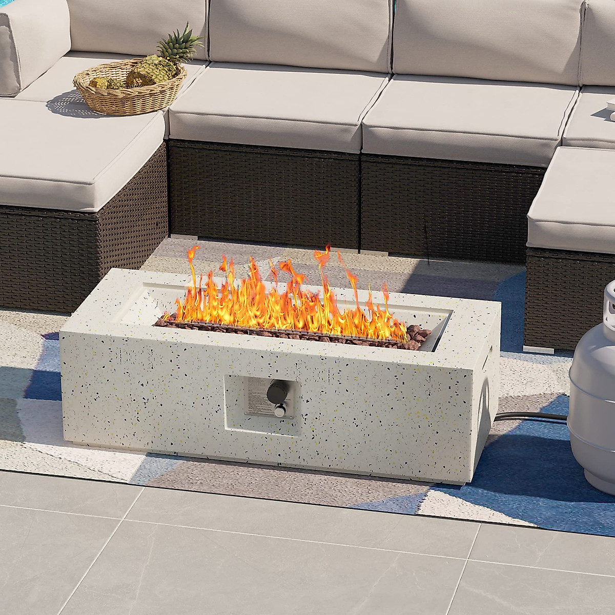 SUNBURY Outdoor 42 Inch Propane Fire Pit Table, Rectangular Fire Table, 40,000 BTU Spotted White Patio Gas Fire Table w Lava Rocks, Waterproof Cover