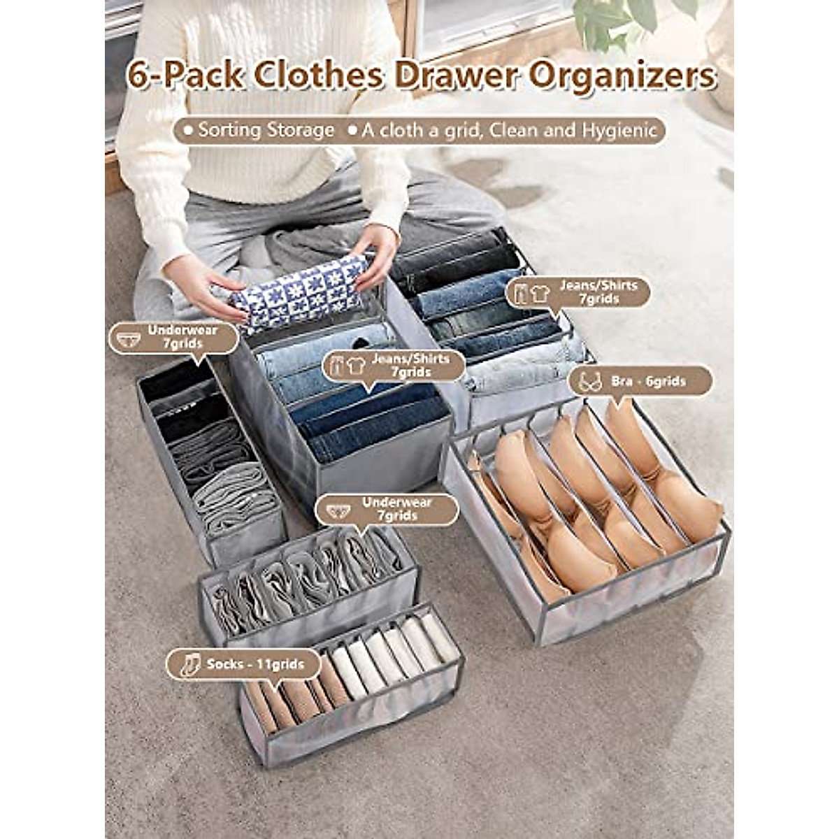 SandKing 6PACK Wardrobe Clothes Drawer Organizers Dividers - 6/7/11Grids Compartment Storage Box Bins for Jeans,Bras,Underwear,Socks,Baby Clothes, Foldable Closet Drawer Organizers Storage Bedroom