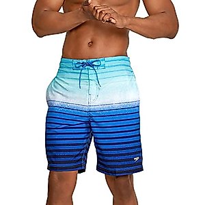 Speedo Men's Standard Swim Trunk Knee Length Boardshort Bondi Striped, 20" Spray Palace Blue, XL