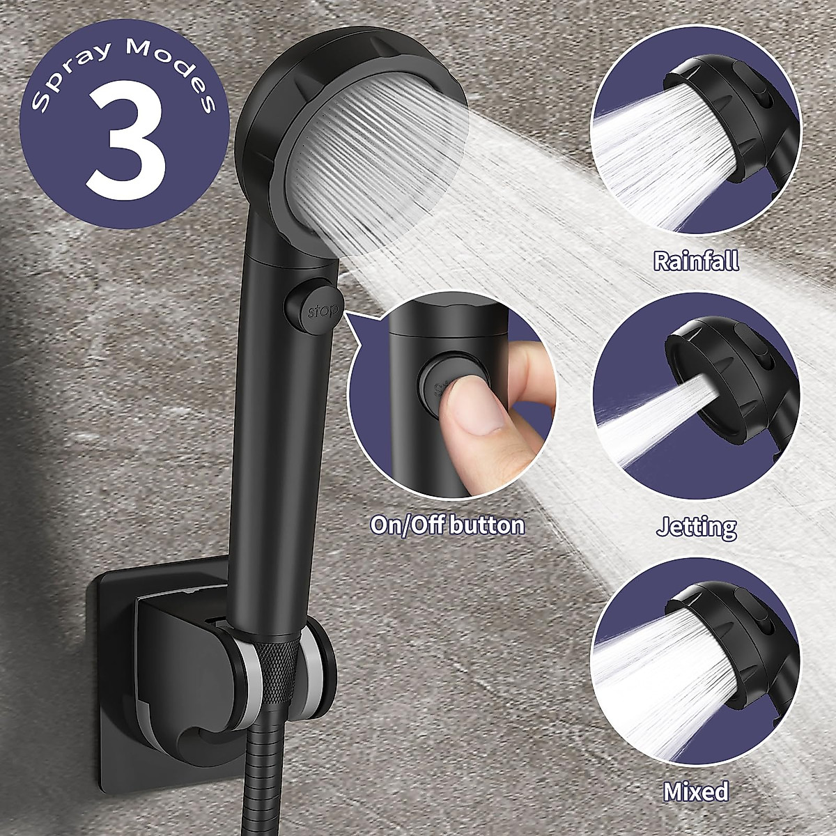 HOWUWEY Sink Hose Attachment With 5 Adapters, Tub Sprayer, 3 Spray Modes Shower Head, ON/OFF Button, Filtered Sprayer for Faucet (Matte Black)