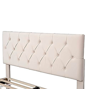 Queen Size Velvet Upholstered Platform Bed Frame with Headboard & Storage Drawer, Platform Bed with Sturdy Wooden Slats Support, No Box Spring Needed for Bedroom Small living Space (Beige, Queen)