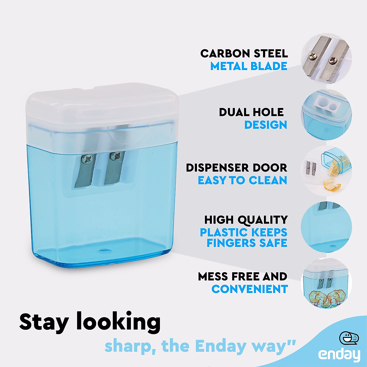 Pencil Sharpener Dual Hole Manual Blue, Jumbo Crayon Sharpener with Cover and Bin, Handheld Color Pencil Sharpeners for Large & Standard Pencils, Also Available in Red, Green, Purple, 1 Pc – by Enday