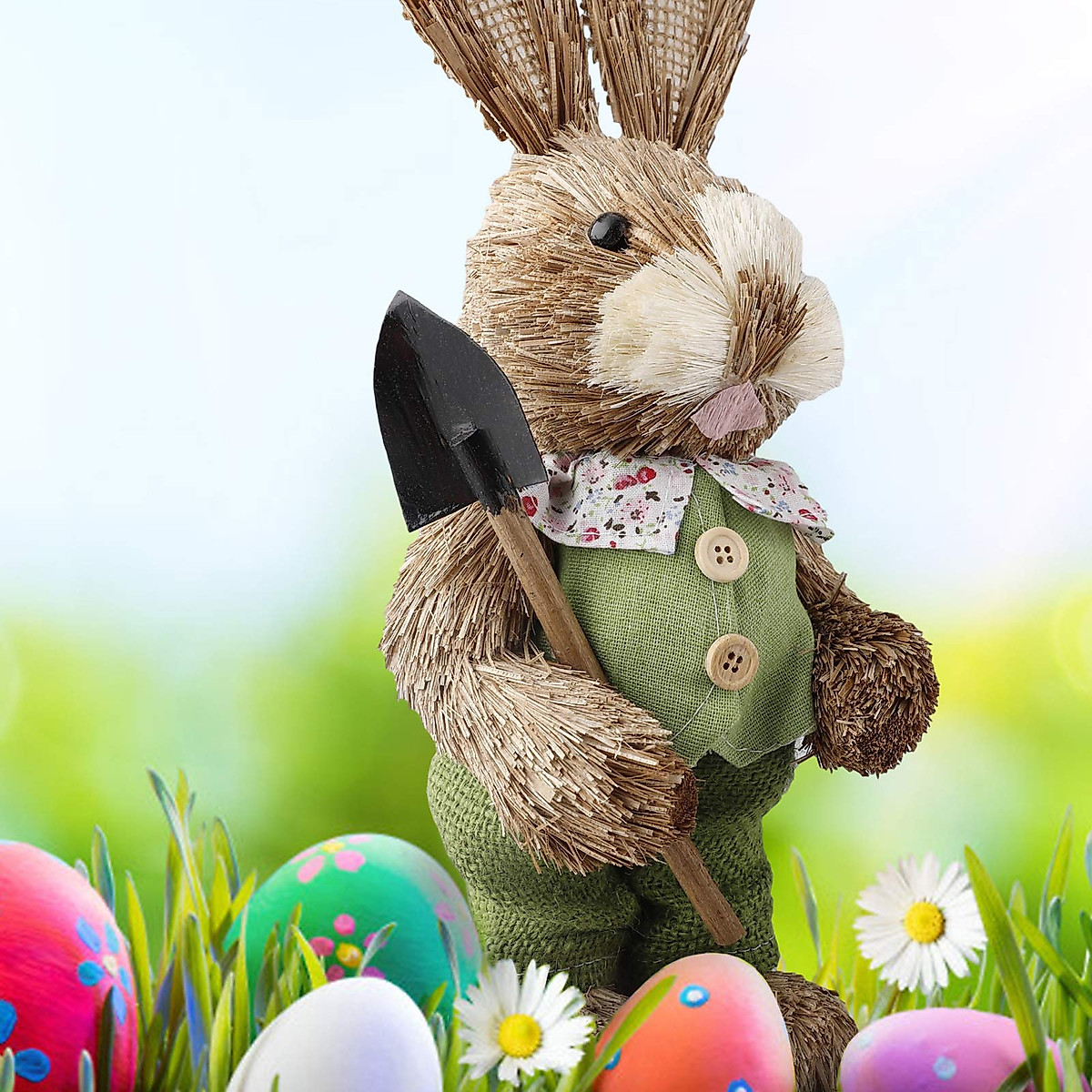 Alapaste Standing Easter Bunny Figures,14.2inch Funny Sisal Easter Bunny Holding Shovel Wearing Green Nest for Party and Home Garden Decor, for Kids