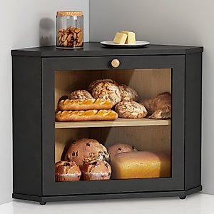 Goozii Corner Bread Box for Kitchen Countertop, Black Bread Storage Container for Homemade Bread, Two Layer Breadbox under Cabinet Mount, Large Bread Holder for Kitchen Counter, Panry Shelf