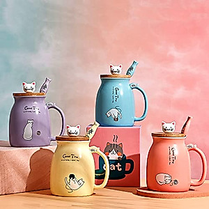 Cute Cat Mug Set of 4 Ceramic Coffee Cups with Lovely Kitty lid and Fish Spoon Novelty Morning Tea Milk Mug Set for Girls Women Christmas Birthday Gift 500ML/15oz (4pcs,Blue Pink Purple Yellow)