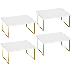 mDesign Metal Stacking Storage Organization for Shelves Inside Cabinet in Kitchen, Pantry, Cupboard, Fridge/Freezer, Organizer Stand for Plates, Bowls, Mugs, Ligne Collection, 4 Pack, White/Soft Brass