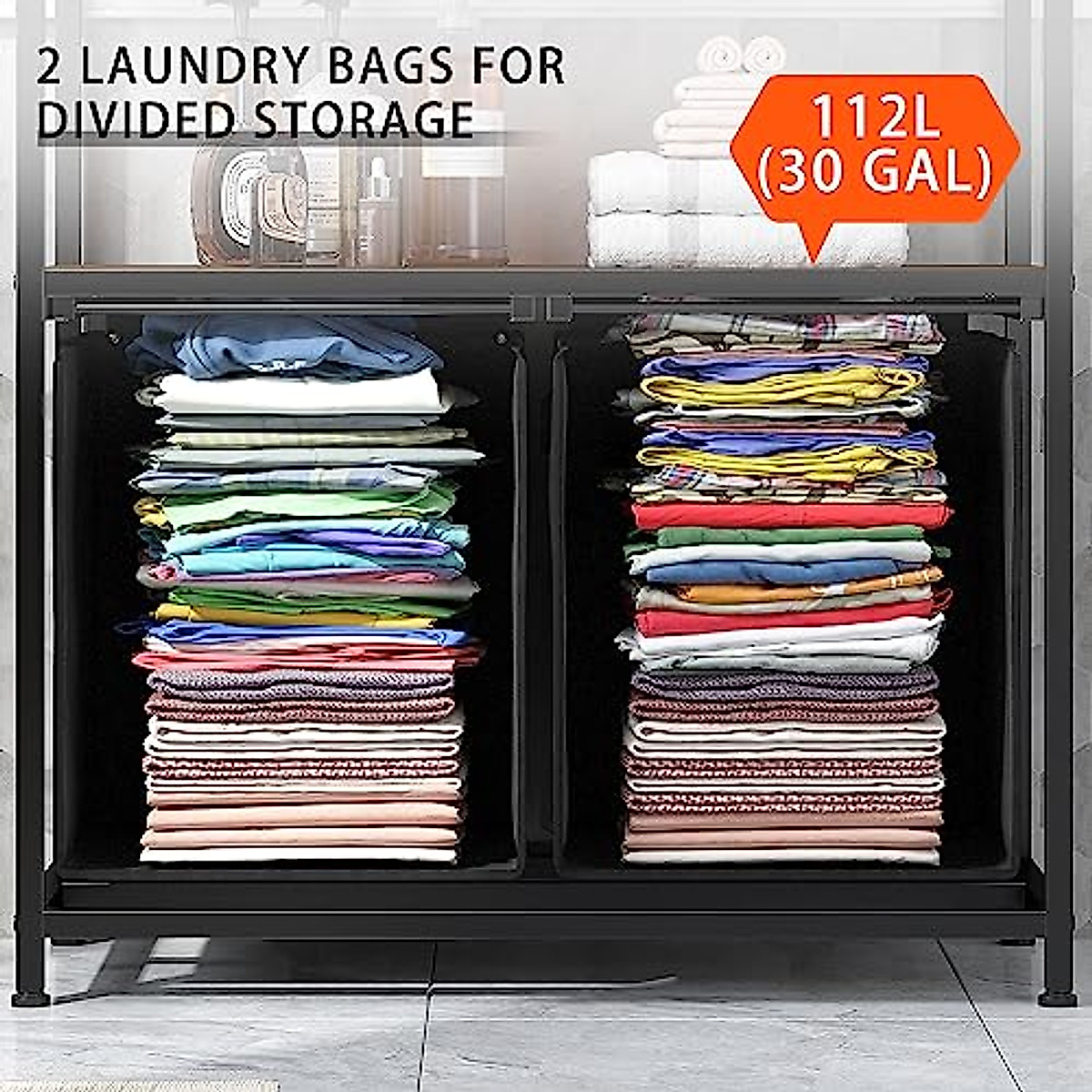 EnHomee laundry Basket 112 L Large Double Laundry Hamper with Shelf Laundry Sorter 2 Section with Removable Bags Organizer Clothes Hamper for Laundry