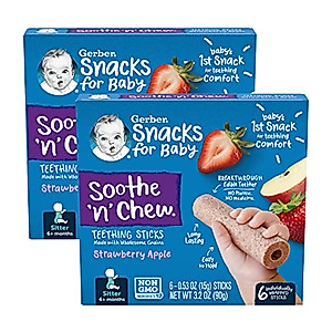 Gerber Snacks for Baby Soothe ‘n’ Chew Teething Sticks, Strawberry Apple, Made with Wholesome Grains & Non-GMO Ingredients, 6 Individually Wrapped Teething Sticks/Box (Pack of 2 Boxes)