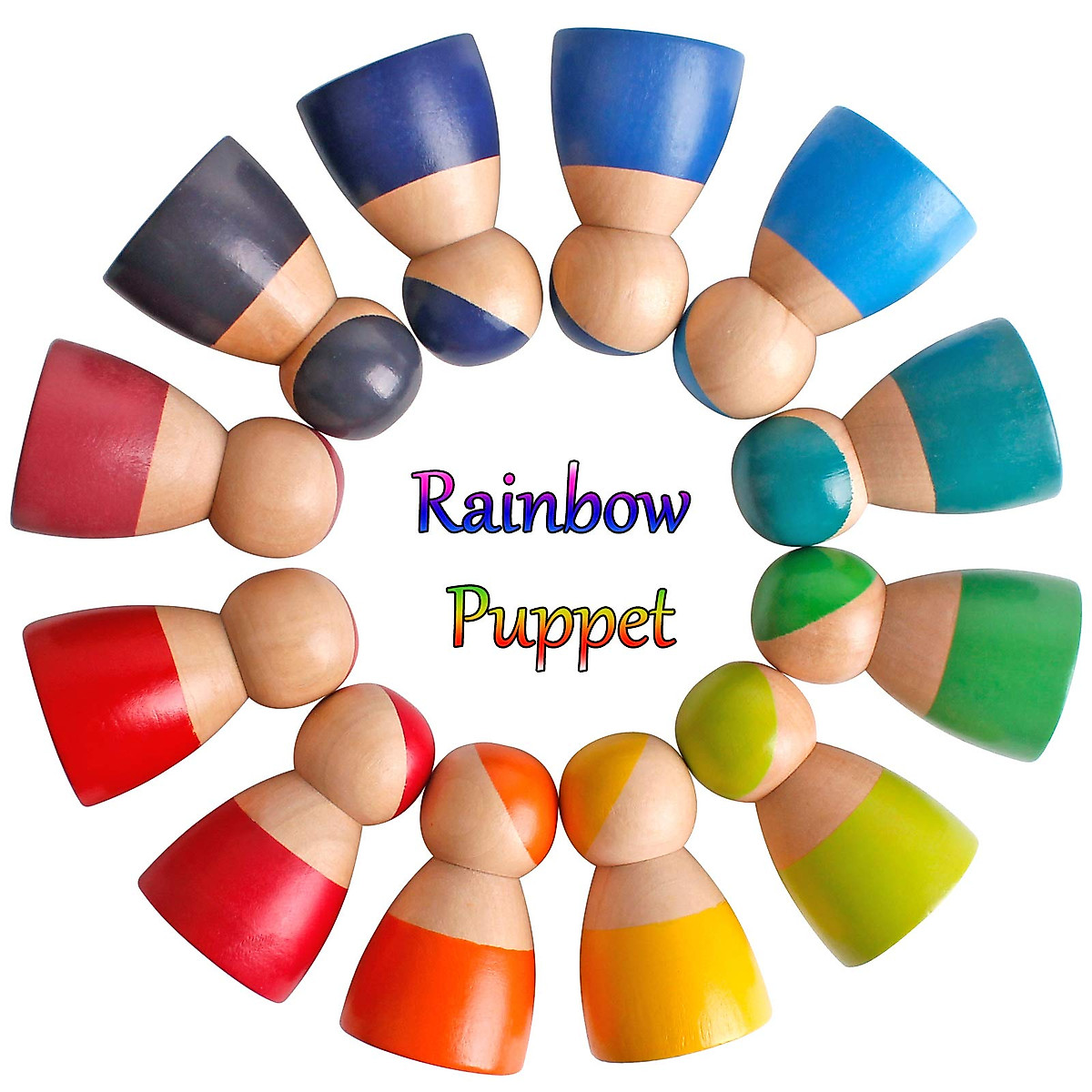 Dinhon 12 Wooden Rainbow Dolls Friends Toys Toddler Wooden Peg Bodies Baby Kids Wooden Pretend Play for Toddlers People Figures Shape Preschool Learning Educational Toys Montessori Toys