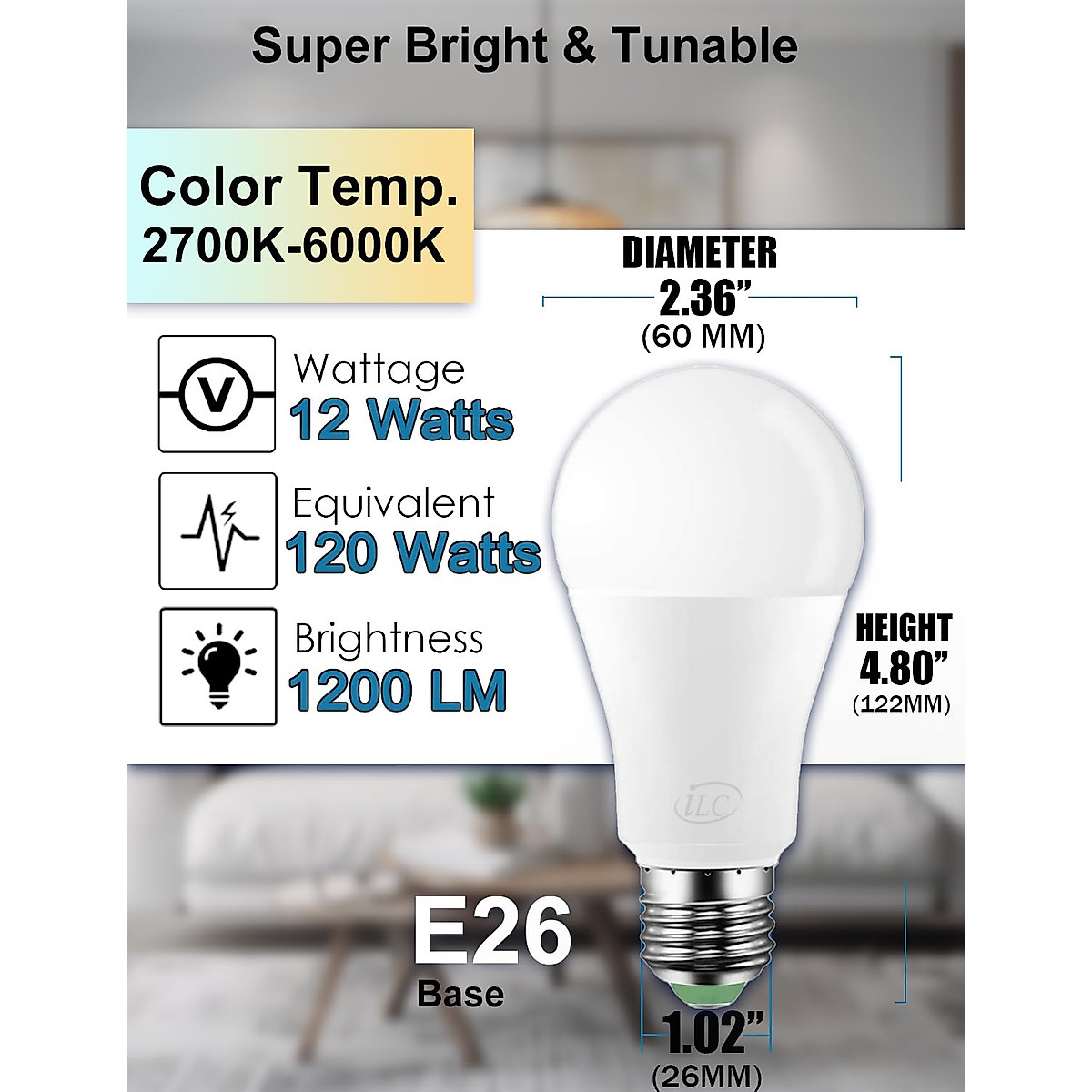 ILC Alexa Light Bulbs, 12W, Smart Light Bulb Work with Alexa Required Echo Device, 2700K-6000K Warm White to Daylight Turnable, A19 E26 No Hub Required (6 Packs)