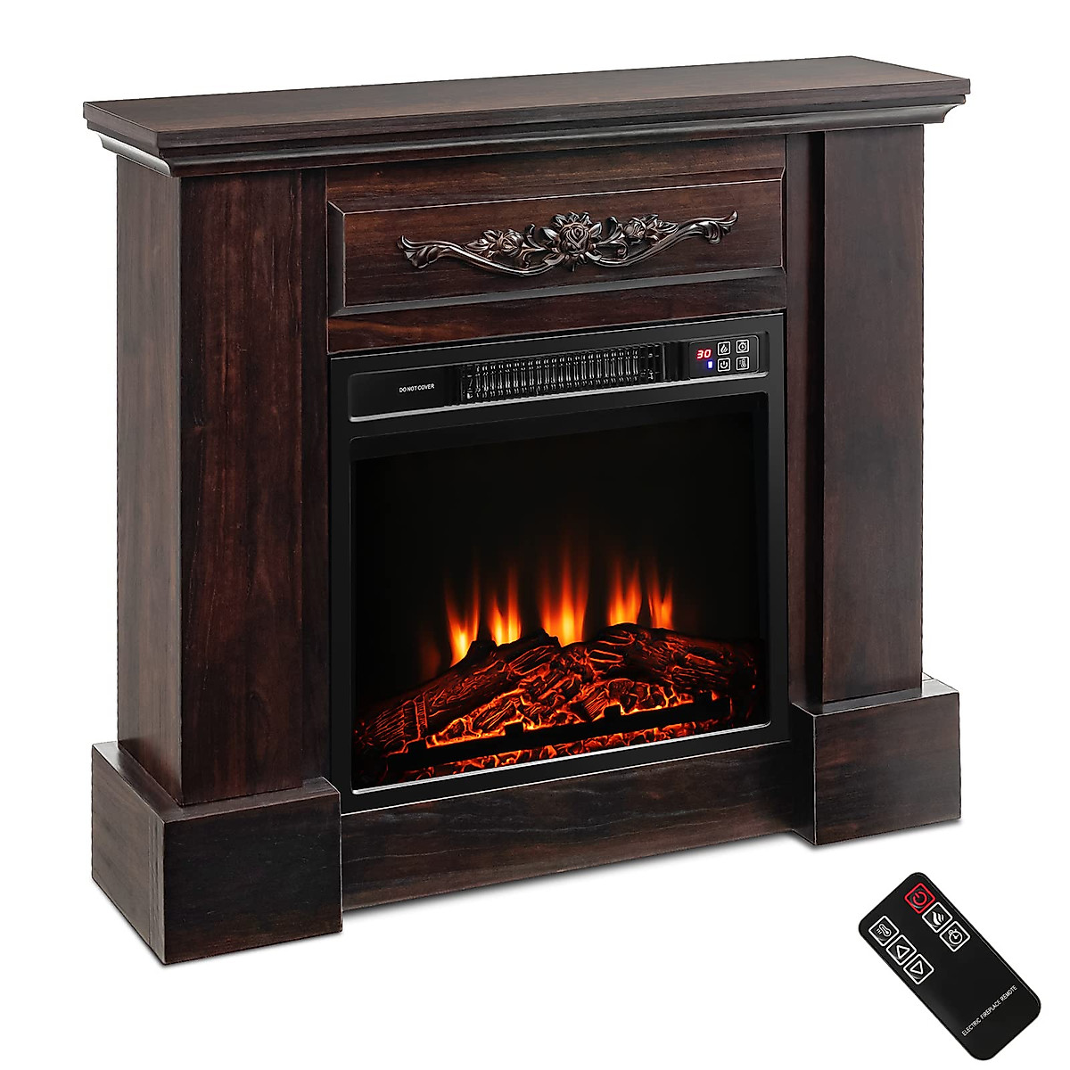 Tangkula 32’’Electric Fireplace with Mantle, Freestanding Fireplace Heater w/ 3D Realistic & Adjustable Flame, Remote Control, Overheat Protection, 1400 W Wooden Fireplace Mantel for Home (Brown)