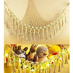 TCGPRO Stuffed Animal Toy Storage Hammock with LED Light-Macrame Jumbo Doll Room Corner Organizer Mesh Decoration-Hanging Storage Nets Kids Bedroom(Beads), Beige