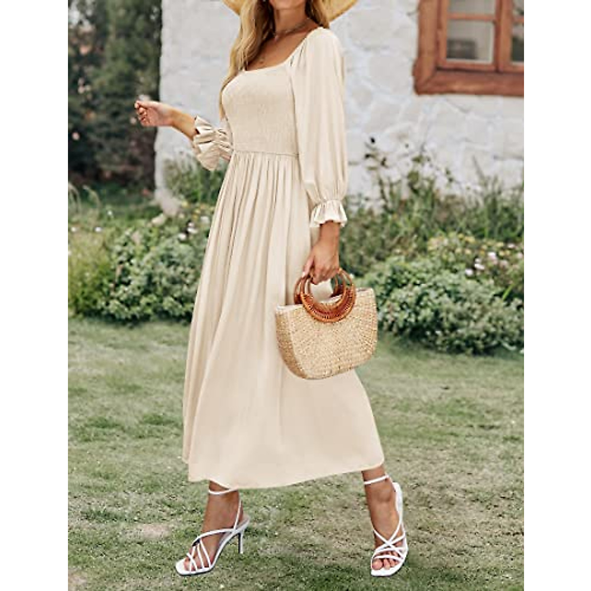 ZESICA Women's Casual Square Neck 3/4 Puff Sleeve Solid Color Smocked High Waist Flowy Midi Dress,Beige,Small