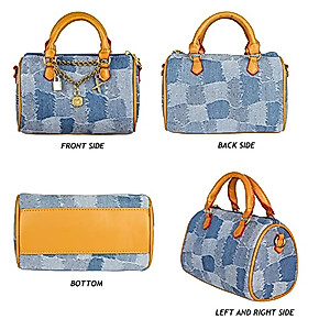 Mini Small Denim Purse Jean Purse Boston Barrel Bags Quilted Checkered Purse Top Handle Canvas Tote Bag Crossbody bags Satchel Handbag for Women,Blue