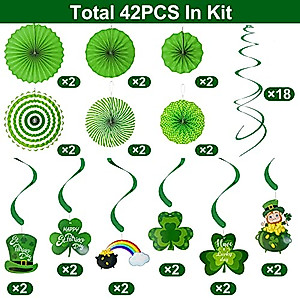 TURNMEON 42 Pack St. Patrick's Day Party Decorations Green Paper Fans Hanging Ceiling Foil Swirls Lucky Shamrocks Clover Leprechaun Cutout St.Patrick's Day Decorations Indoor Home Irish Party Supplies