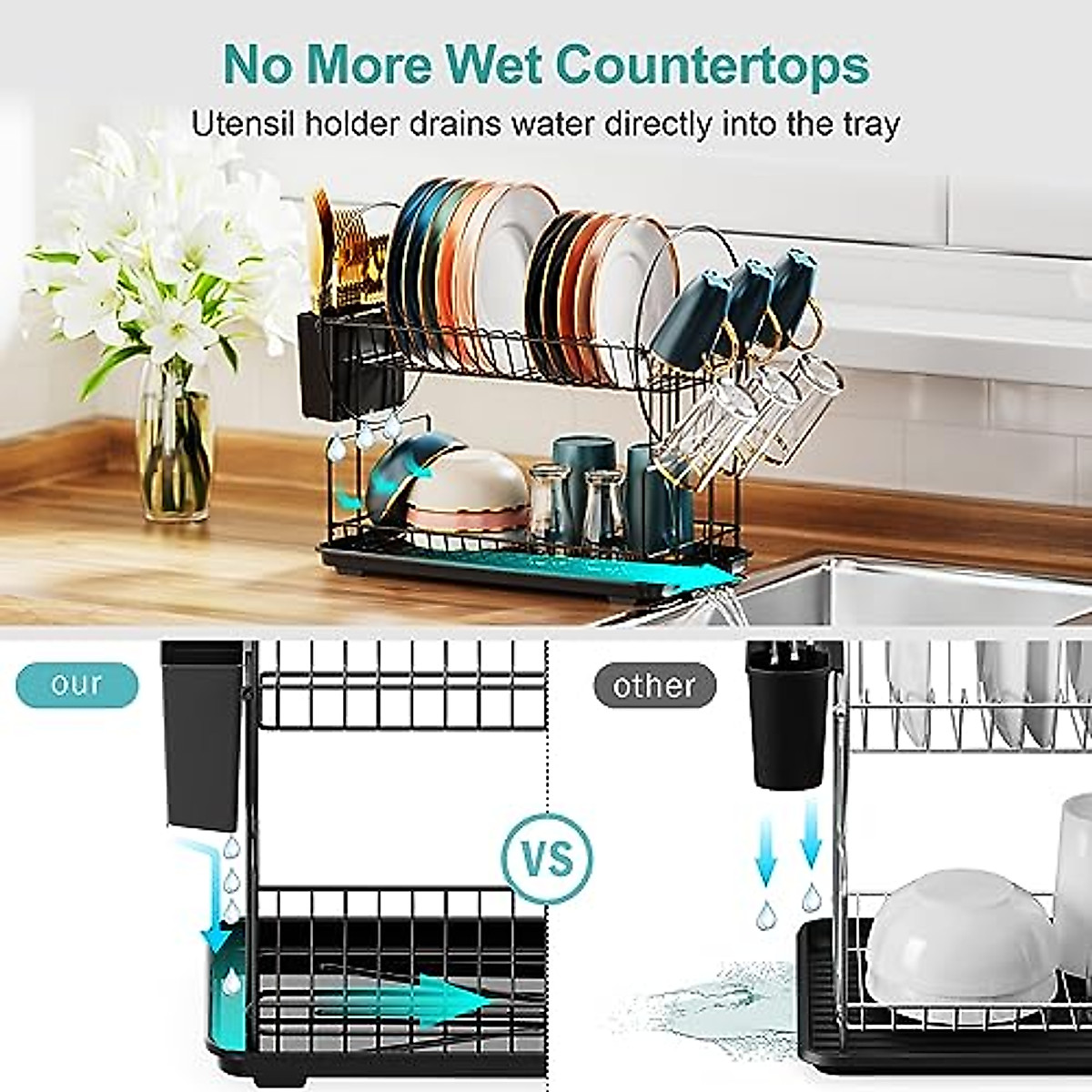 iSPECLE Dish Drying Rack - 2 Tier Small Dish Racks for Kitchen Counter with Glass Holder, Utensil Holder and Drainboard, Small Dish Dryer Rack, Multifunctional Dish Drainer, Black