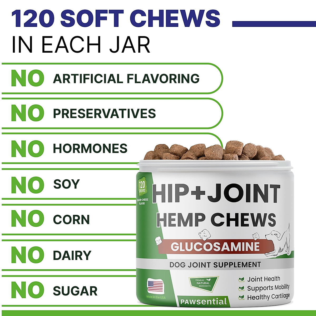 Advanced Hemp Hip & Joint Supplement for Dogs - Glucosamine for Dogs - Dog Joint Pain Relief Treats - Chondroitin Turmeric MSM Hemp Oil - Hemp Treats for Joint Health - Senior Mobility Support Chew