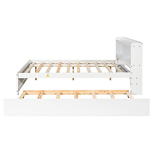 Bellemave Full Bed with Trundle and Bookcase Headboard Wood Platform Beds with Storage and Slat Support for Kids Boys Girls Teens, White