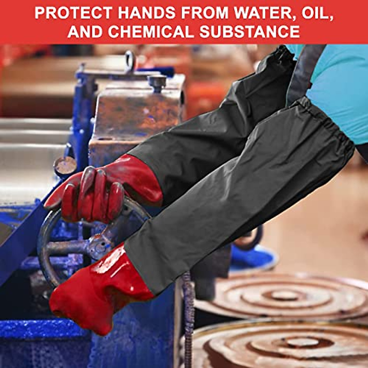 Fododo 25-inch Pond Gloves Long Waterproof Aquarium Gloves for Dishwasher and Pond Cleaning, Heavy Duty Long Rubber Gloves for Aquarium with Cotton Lining, Red