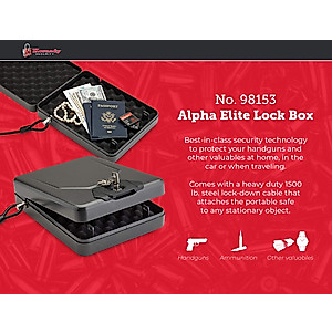 Hornady Alpha Elite Portable Lock Box for Guns and Valuables – Includes 2 Keys and 4 Foot Steel Cable – Thick 16-Gauge Steel, An Ideal Car Lock Box or Truck Safe – Black, 10.25 x 8 x 2.75 Inches